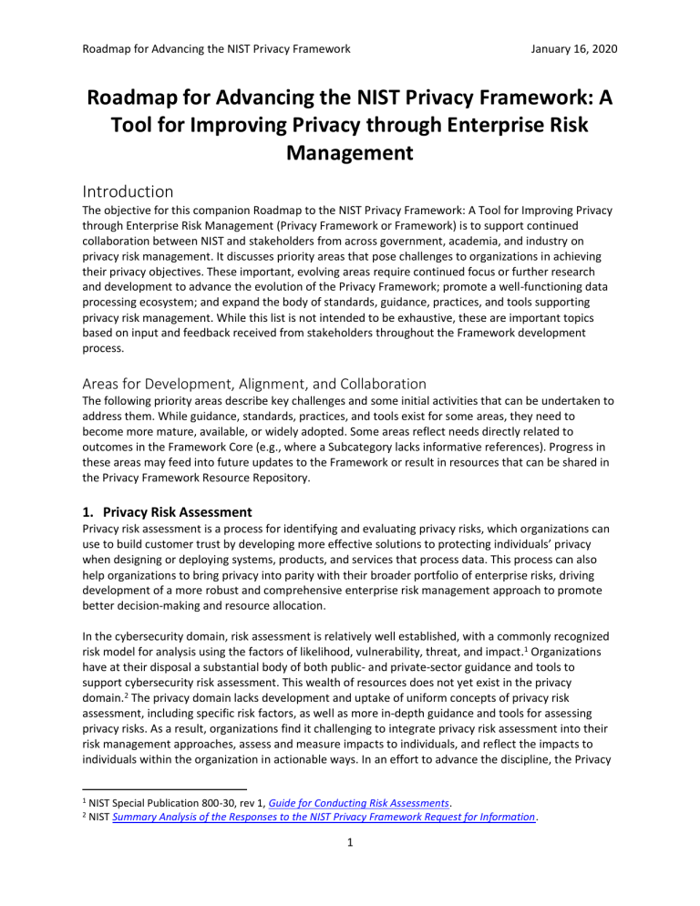 NIST Privacy Framework Roadmap: Enterprise Risk Management