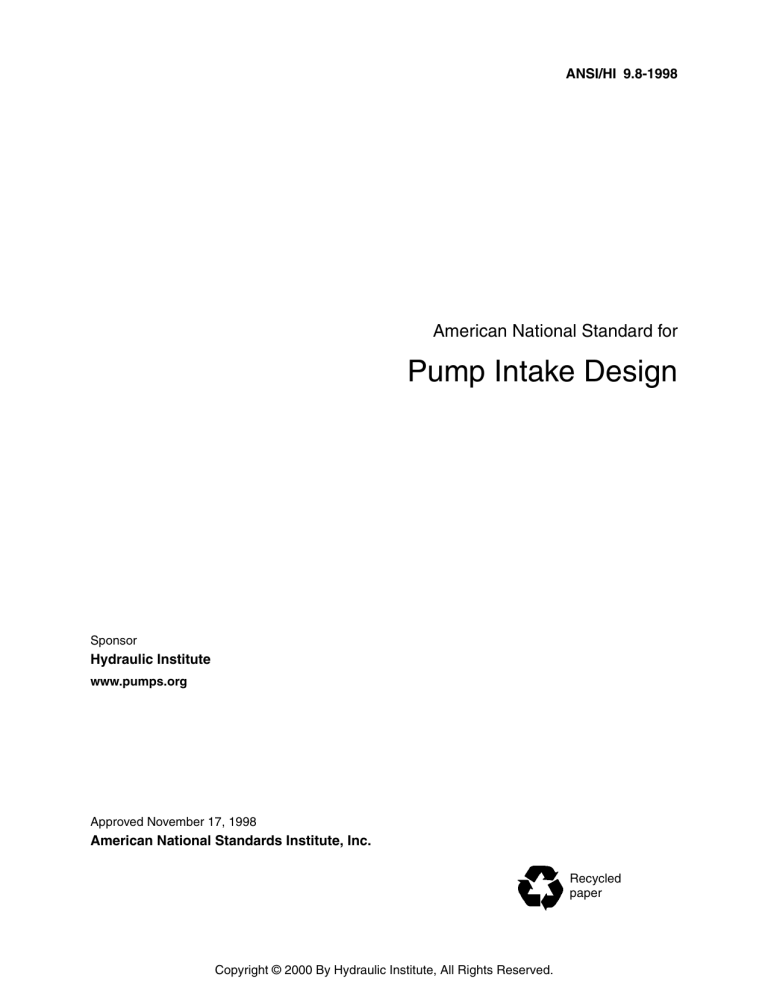 Pump Intake Design Standard ANSI/HI 9.8-1998