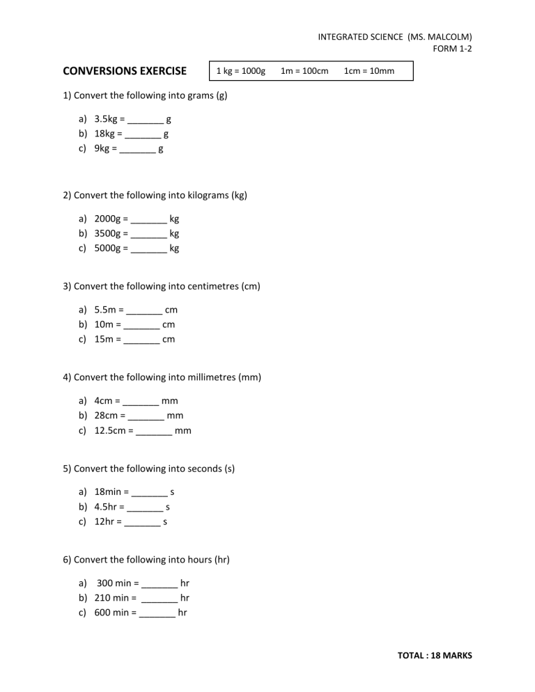 Unit Conversions Exercise: Integrated Science Form 1-2