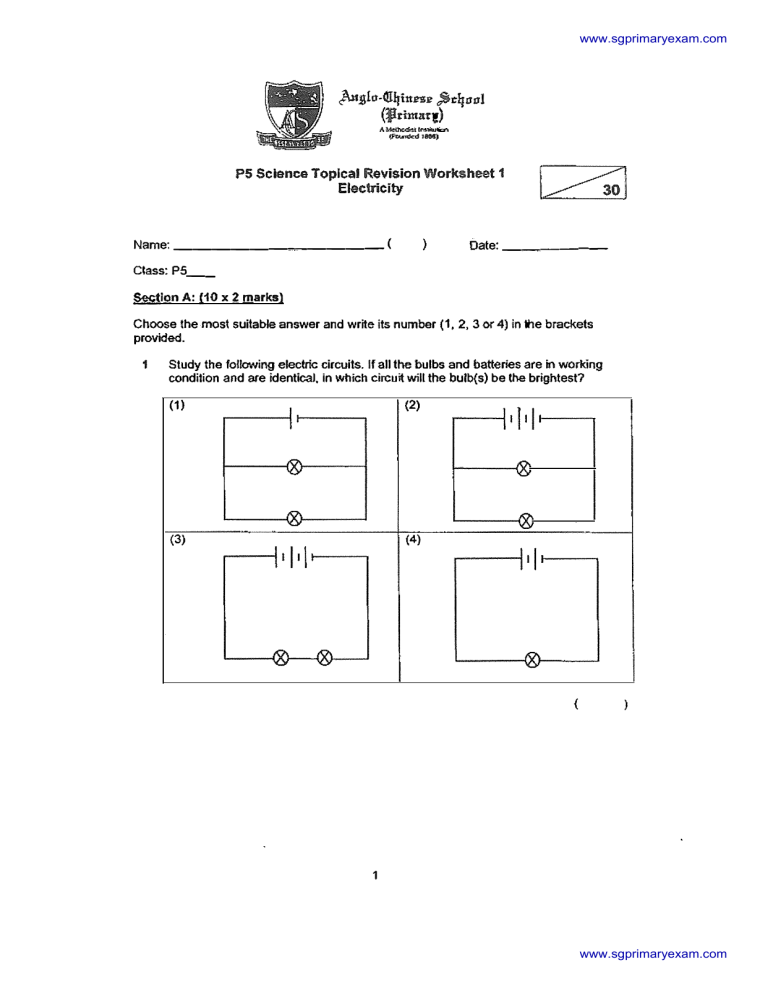 P5 Science: Electricity Worksheet - Topical Revision