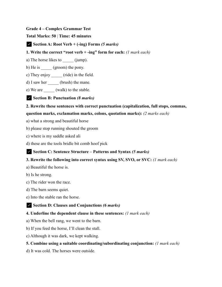 Grade 4 Grammar Test: Complex Skills Assessment