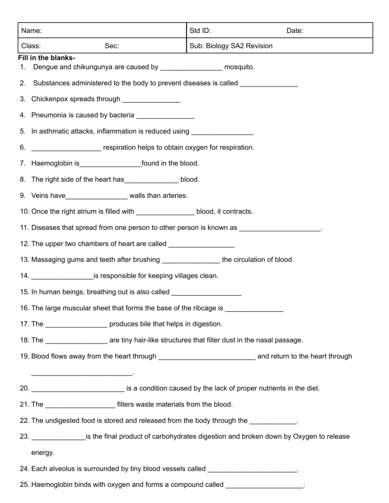 Biology SA2 Revision Worksheet: Fill in the Blanks