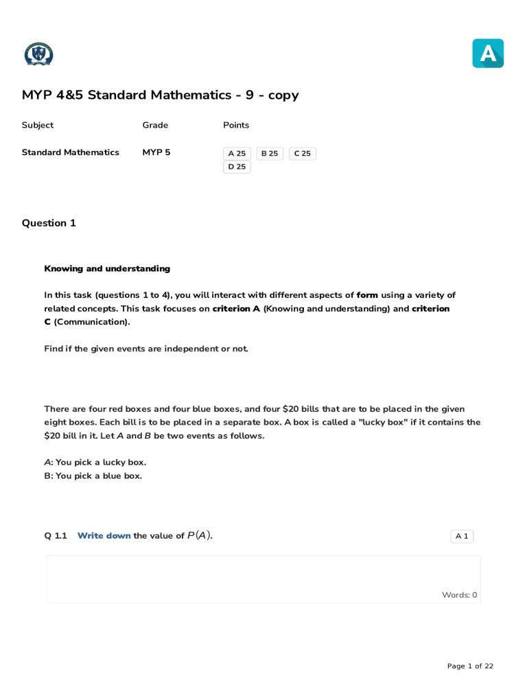 MYP 5 Standard Mathematics Worksheet