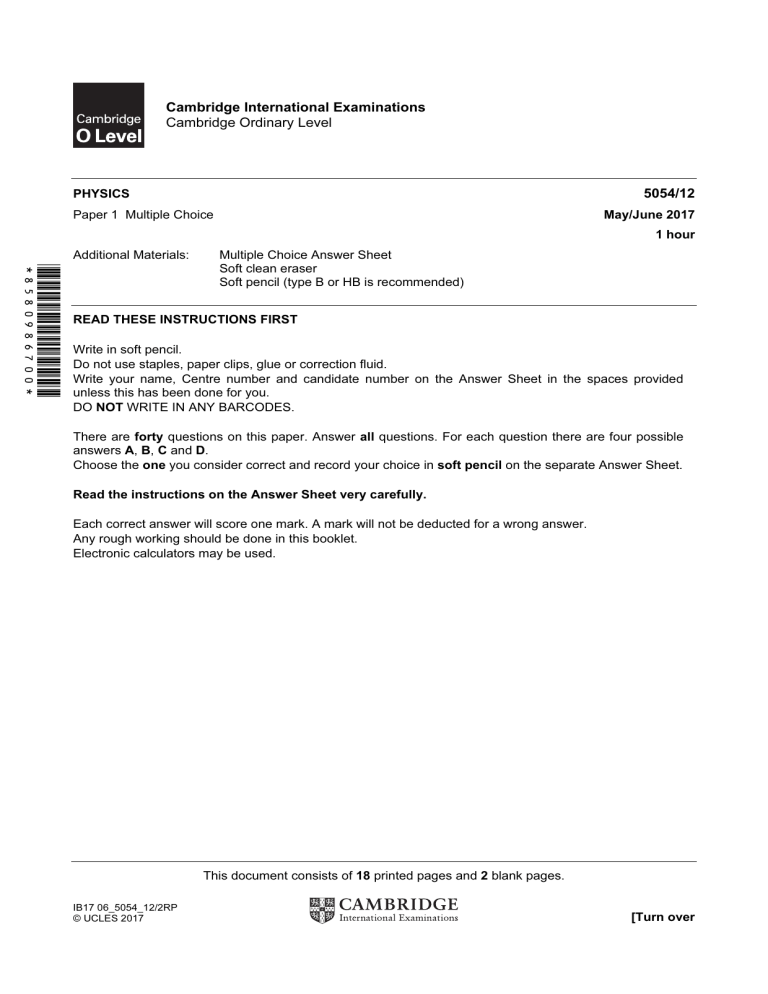 Cambridge O Level Physics Exam Paper 5054/12 May/June 2017