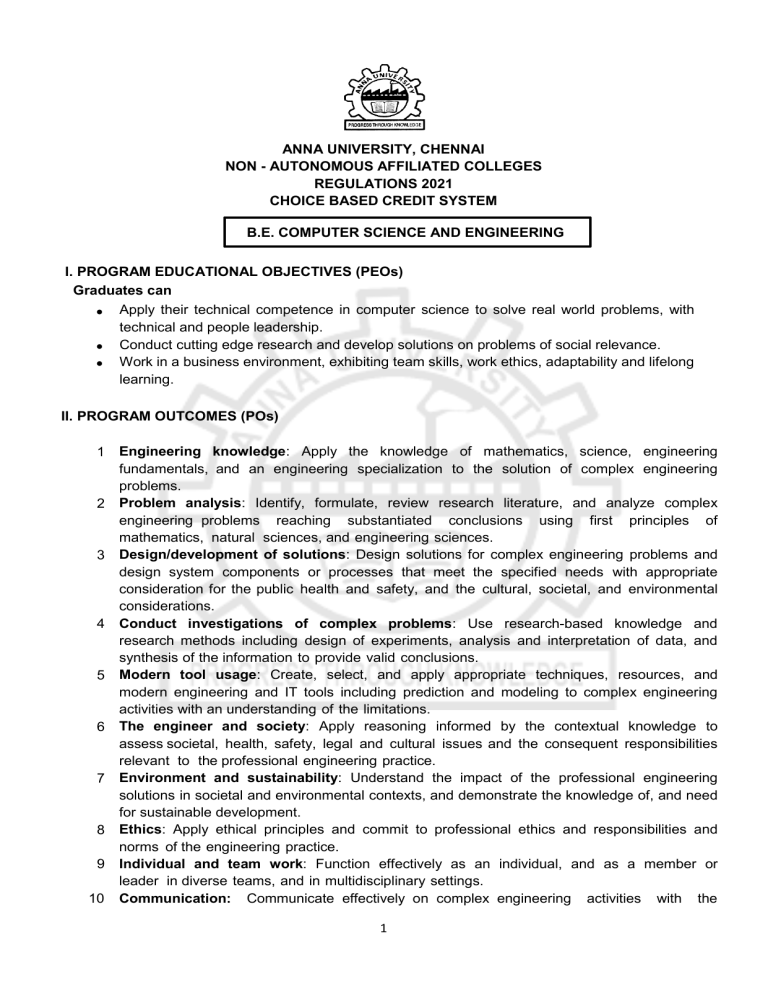 B.E. Computer Science Curriculum & Syllabi - Anna University