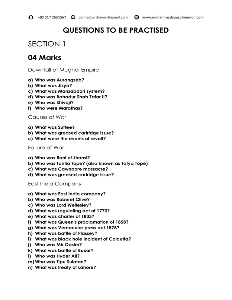 History Practice Questions: Mughal Empire & East India Company