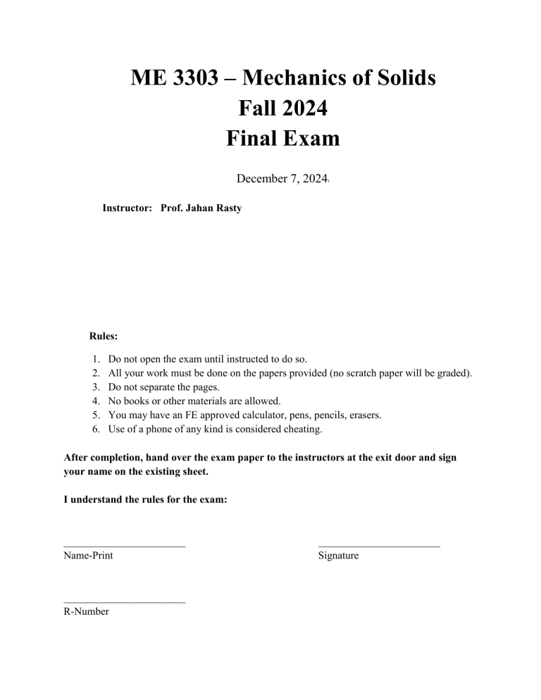 Mechanics of Solids Final Exam - Fall 2024