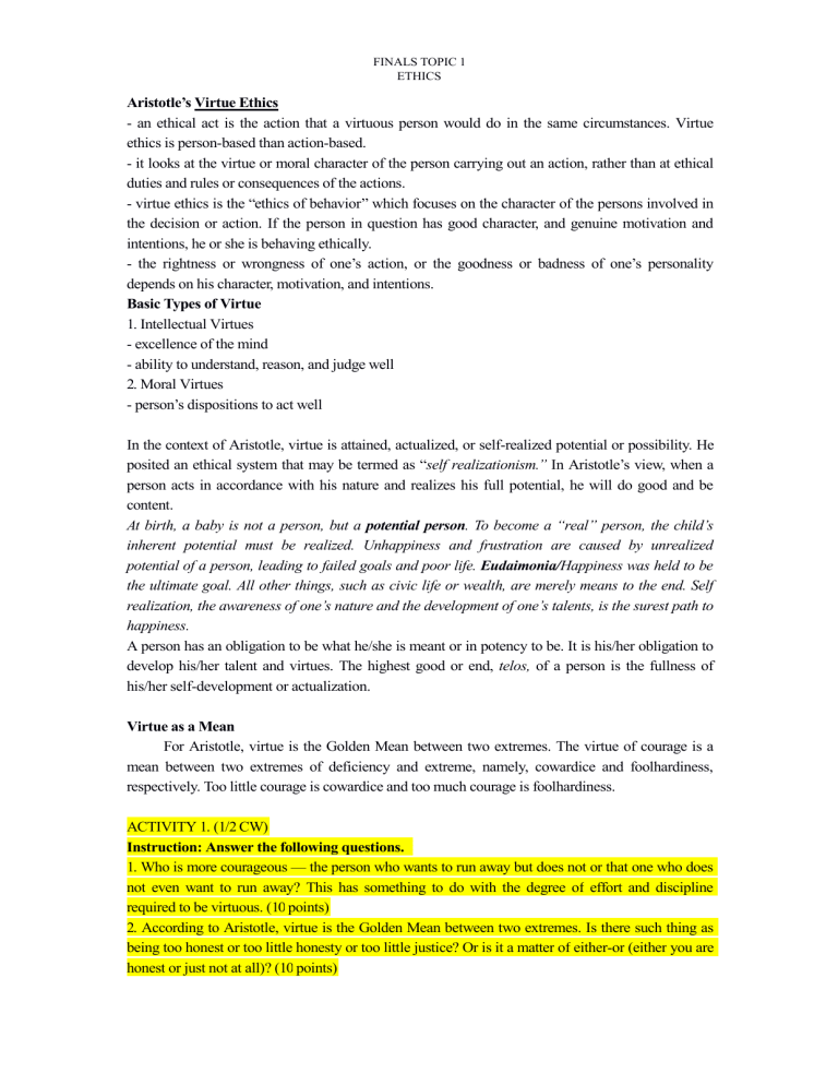 Aristotle's Virtue Ethics: Worksheet on Golden Mean