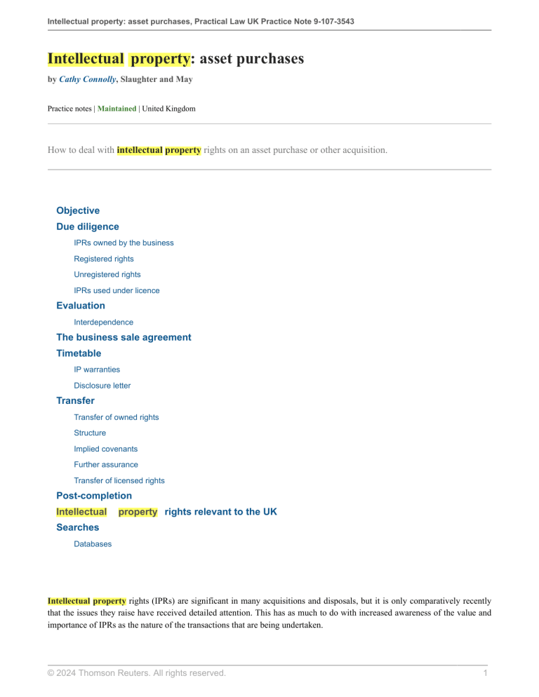 Intellectual Property Asset Purchases: UK Practice Note