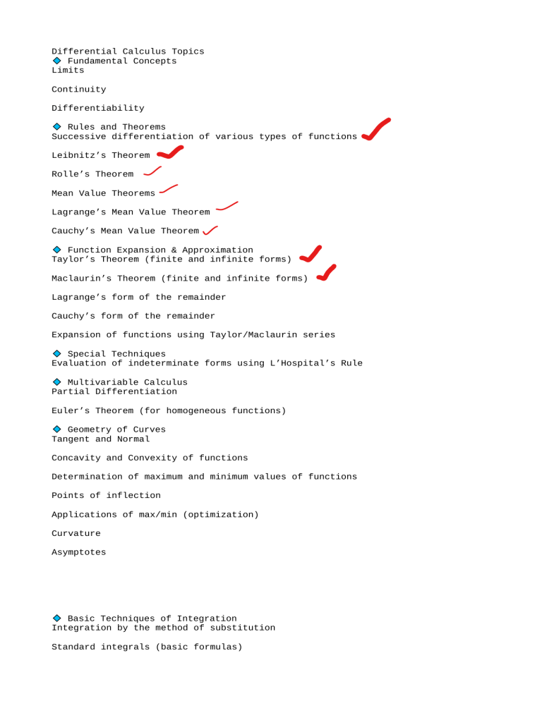 Differential Calculus Topics: Course Outline