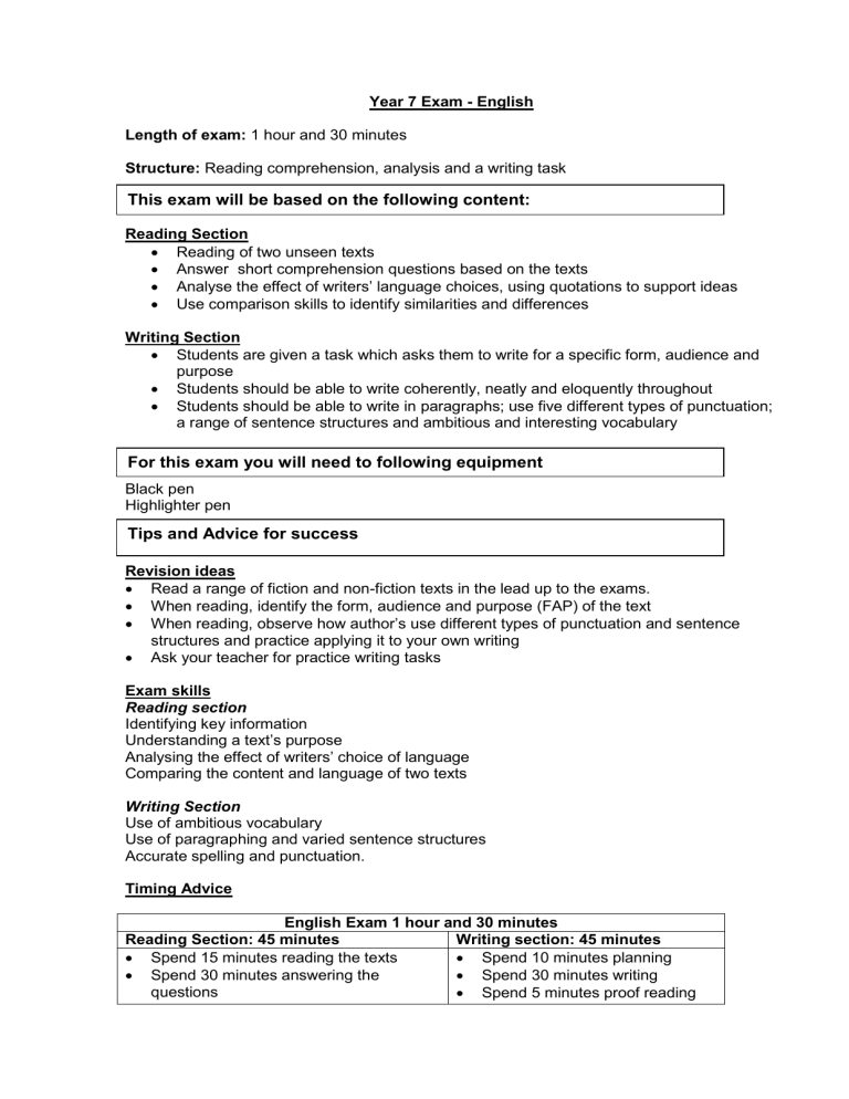 Year 7 Exam Information: English, Math, Science