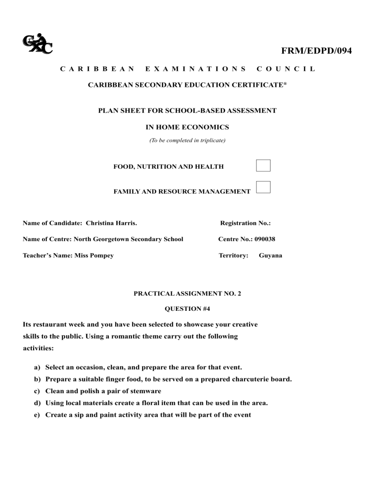 Home Economics SBA Plan: Romantic Restaurant Week Showcase