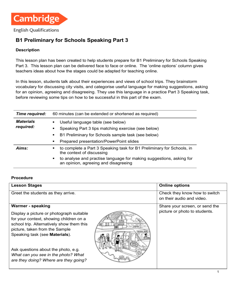 B1 Preliminary Speaking Part 3 Lesson Plan