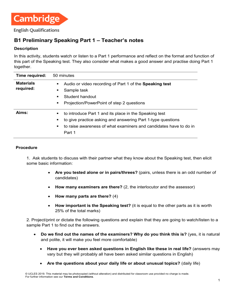B1 Preliminary Speaking Part 1: Teacher's Guide