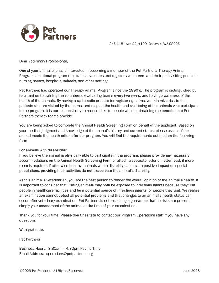 Pet Partners Animal Health Screening Form