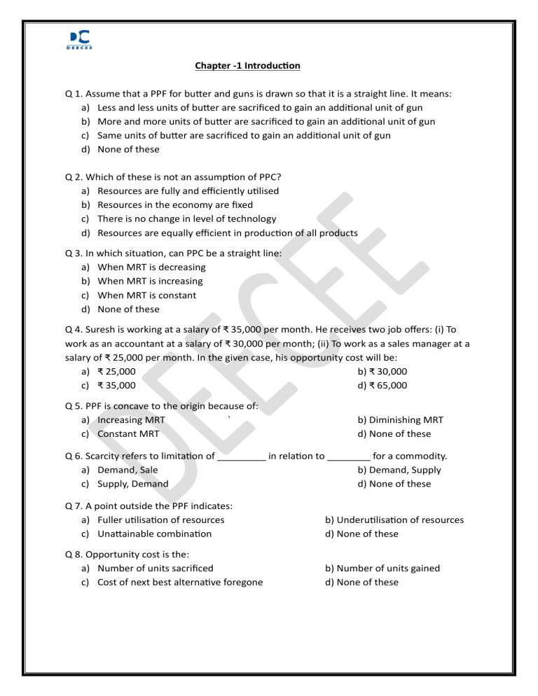 Economics Exam Questions: PPF, Opportunity Cost, More