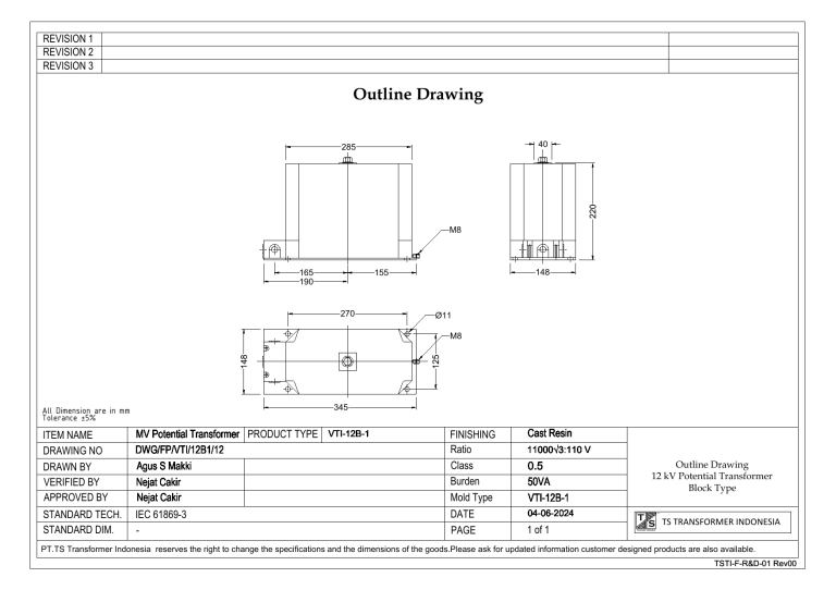 MV Potential Transformer Outline Drawing VTI-12B-1