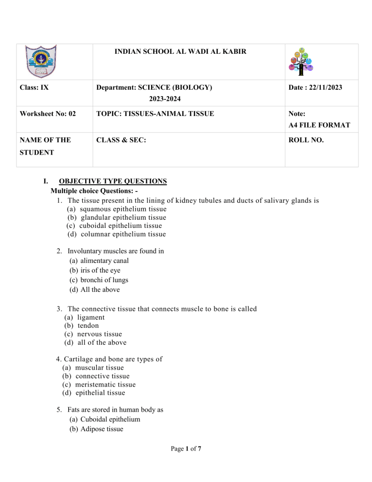 Animal Tissues Worksheet - Class 9 Biology