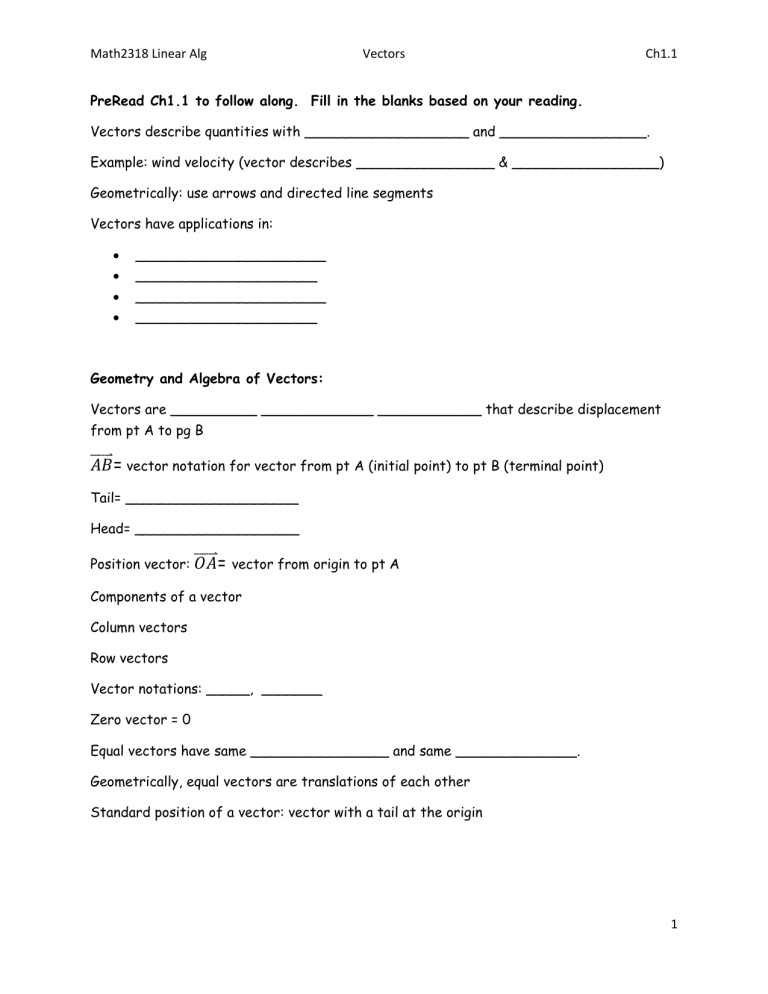 Linear Algebra: Vectors - Lecture Notes