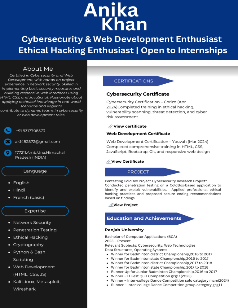 Anika Khan - Cybersecurity & Web Development Resume