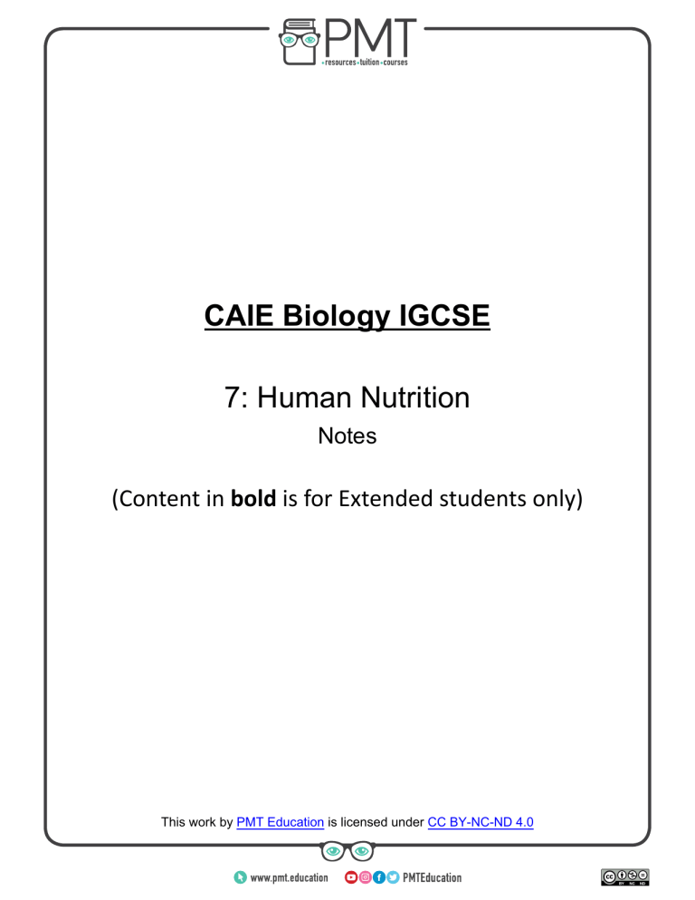 Human Nutrition IGCSE Biology Notes