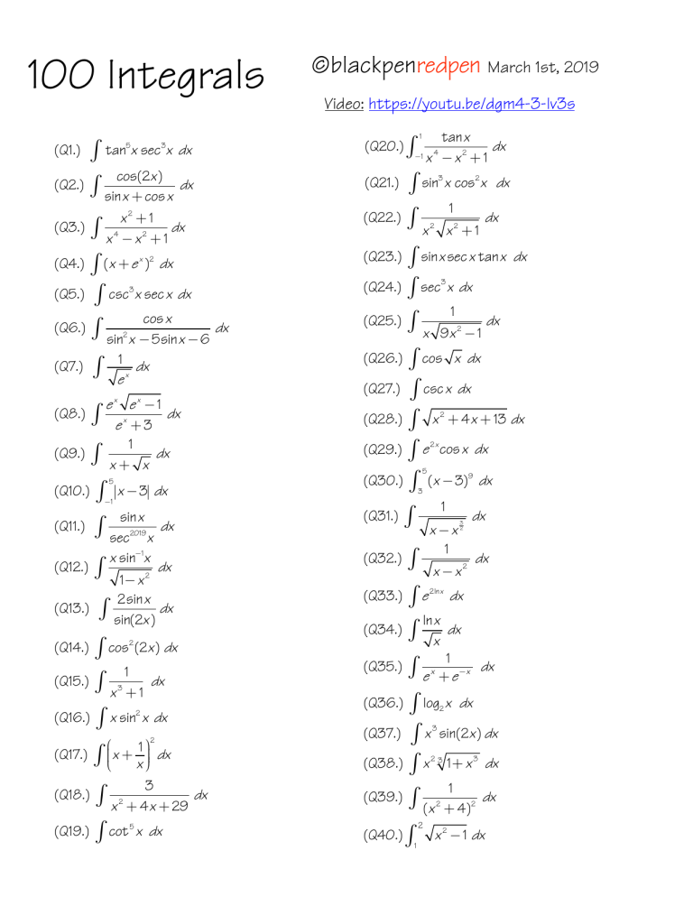 100 Integral Problems: Calculus Practice