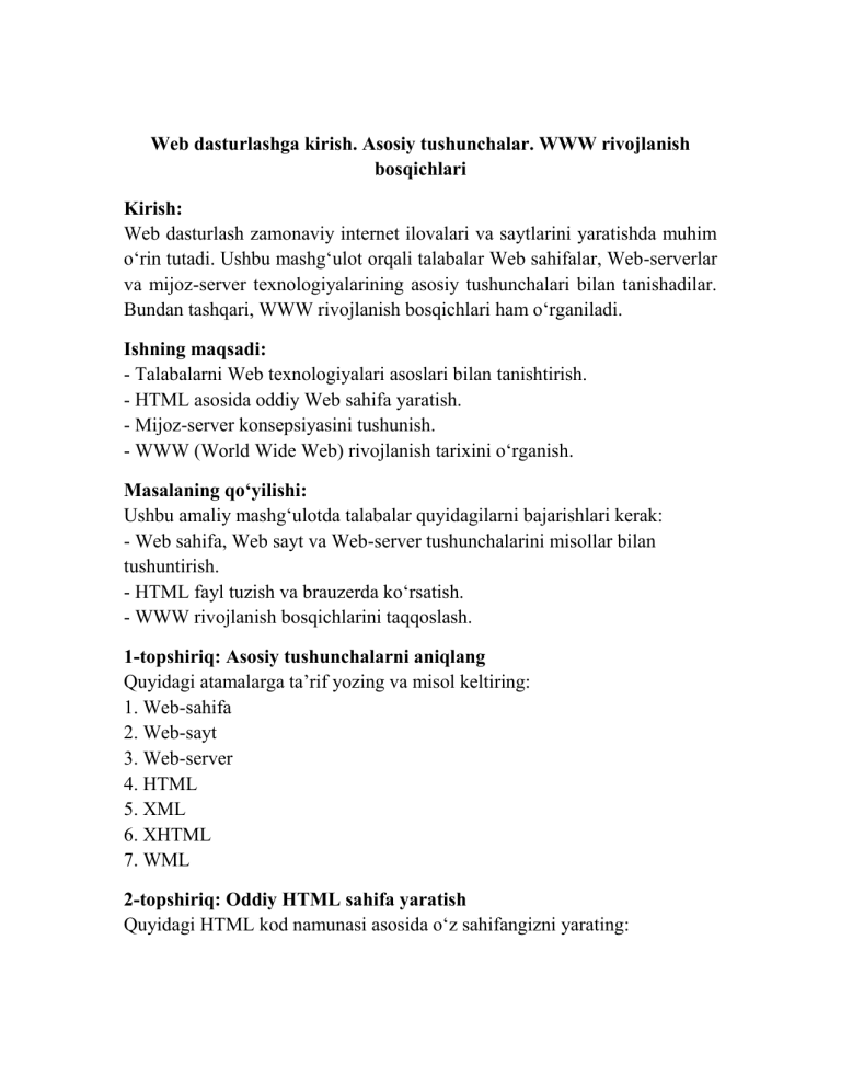 Veb-dasturlash asoslari laboratoriya qo'llanmasi