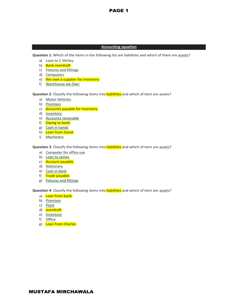 Accounting Equation Practice Worksheet