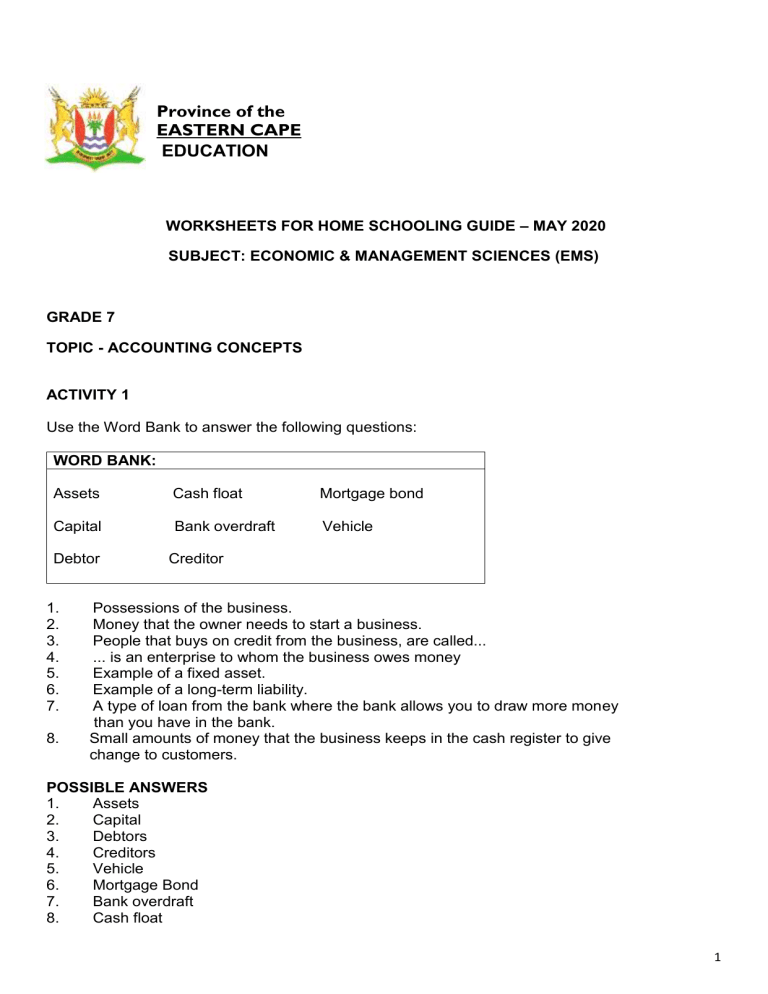EMS Worksheets: Accounting, Budgets, & Financial Literacy