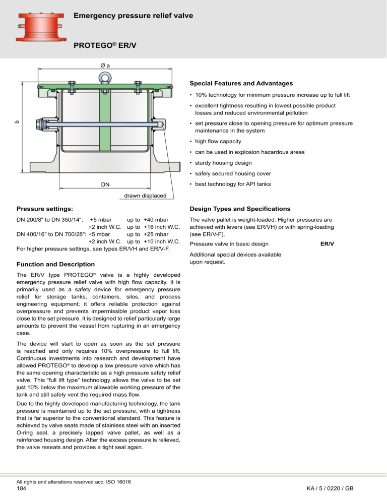PROTEGO® ER/V Emergency Pressure Relief Valve Specs