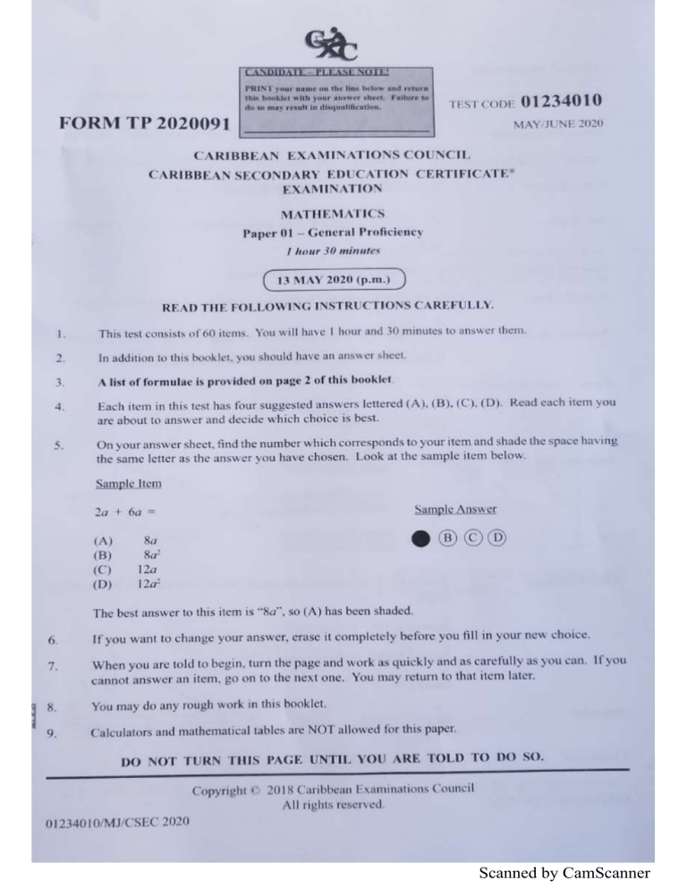 CSEC Math Exam Paper 01 - General Proficiency