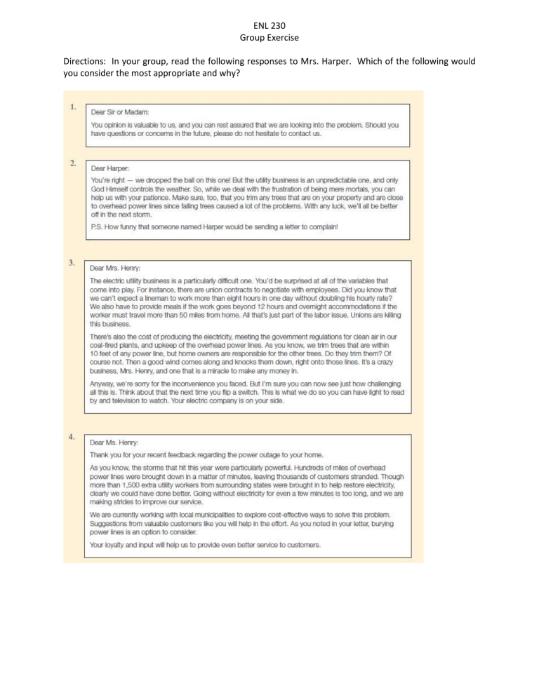 ENL 230 Group Exercise: Analyzing Customer Service Responses