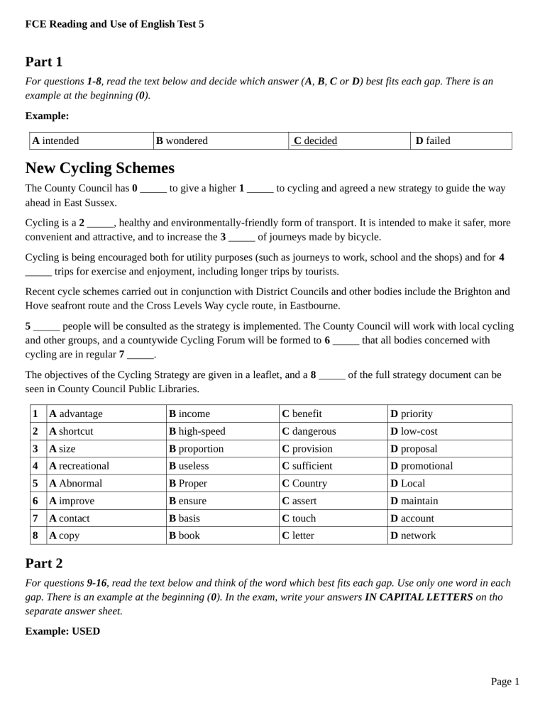FCE Reading & Use of English Test 5 - Practice Exam