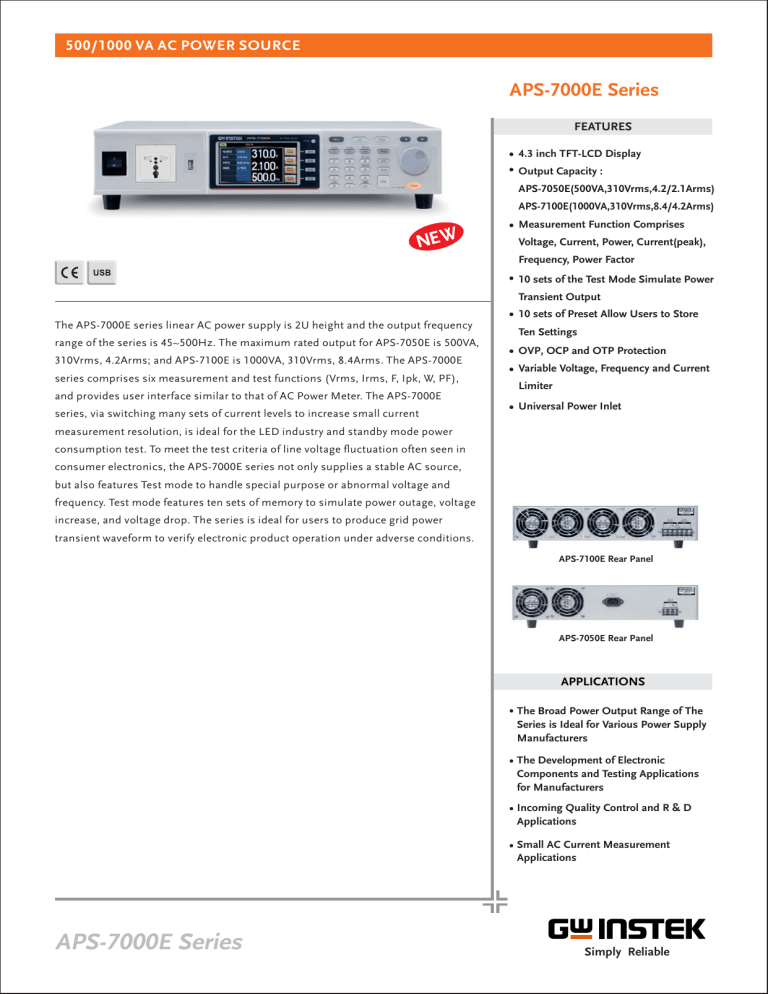 APS-7000E AC Power Source Datasheet | 500/1000 VA