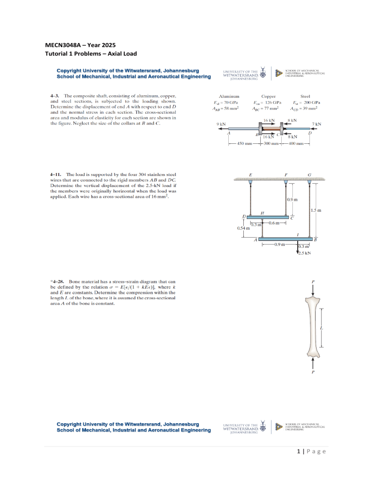 Axial Load Tutorial Problems - Mechanical Engineering