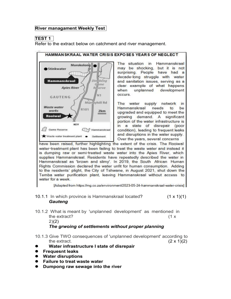River Management Test: Catchment & Water Quality