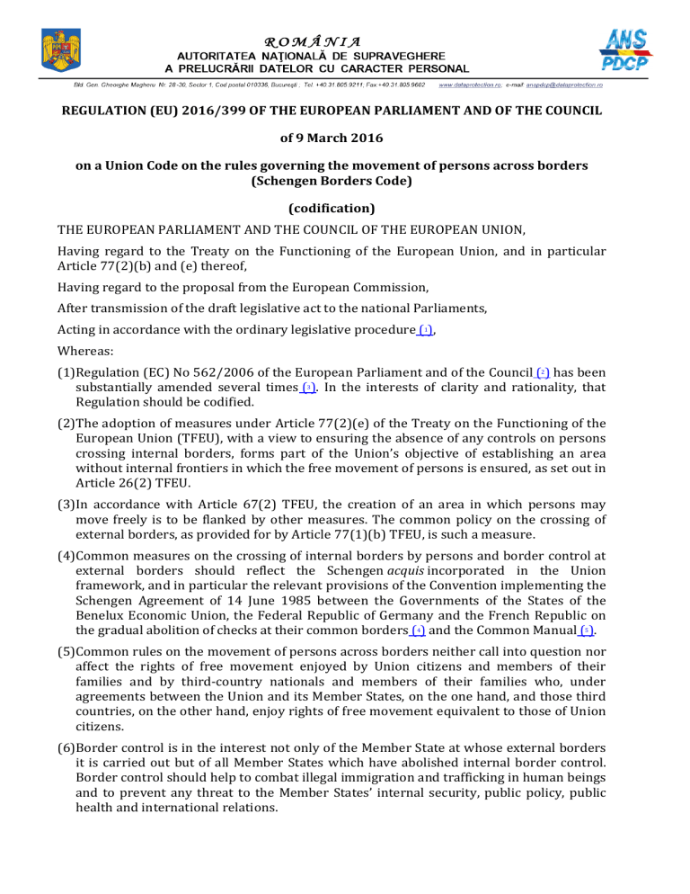 Schengen Borders Code: Regulation (EU) 2016/399