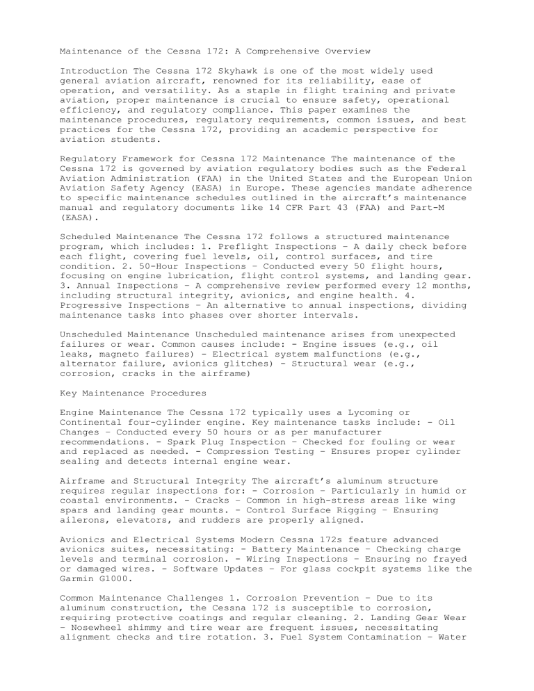 Cessna 172 Maintenance: A Comprehensive Guide