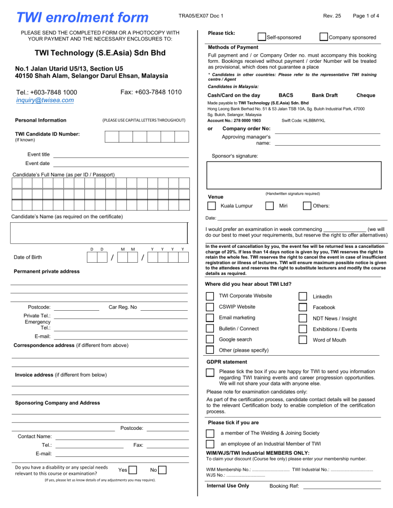 TWI Enrollment Form - Training & Examination Registration