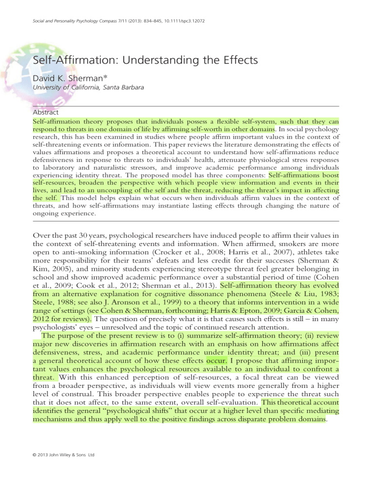 Self-Affirmation: Understanding the Effects