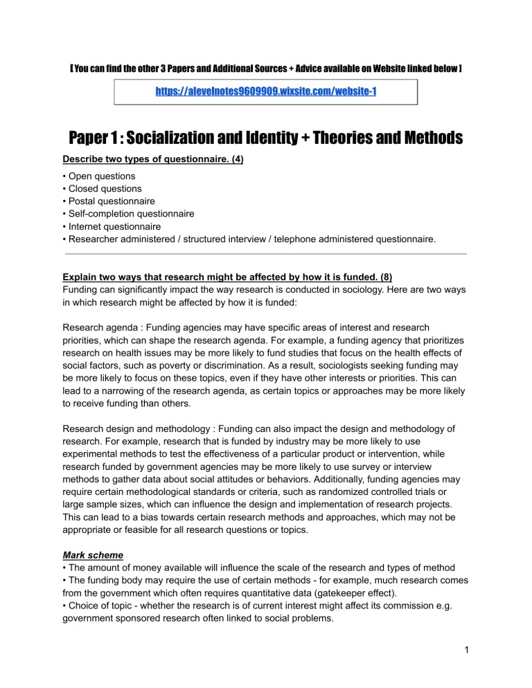 A-Level Sociology: Socialization, Identity & Methods