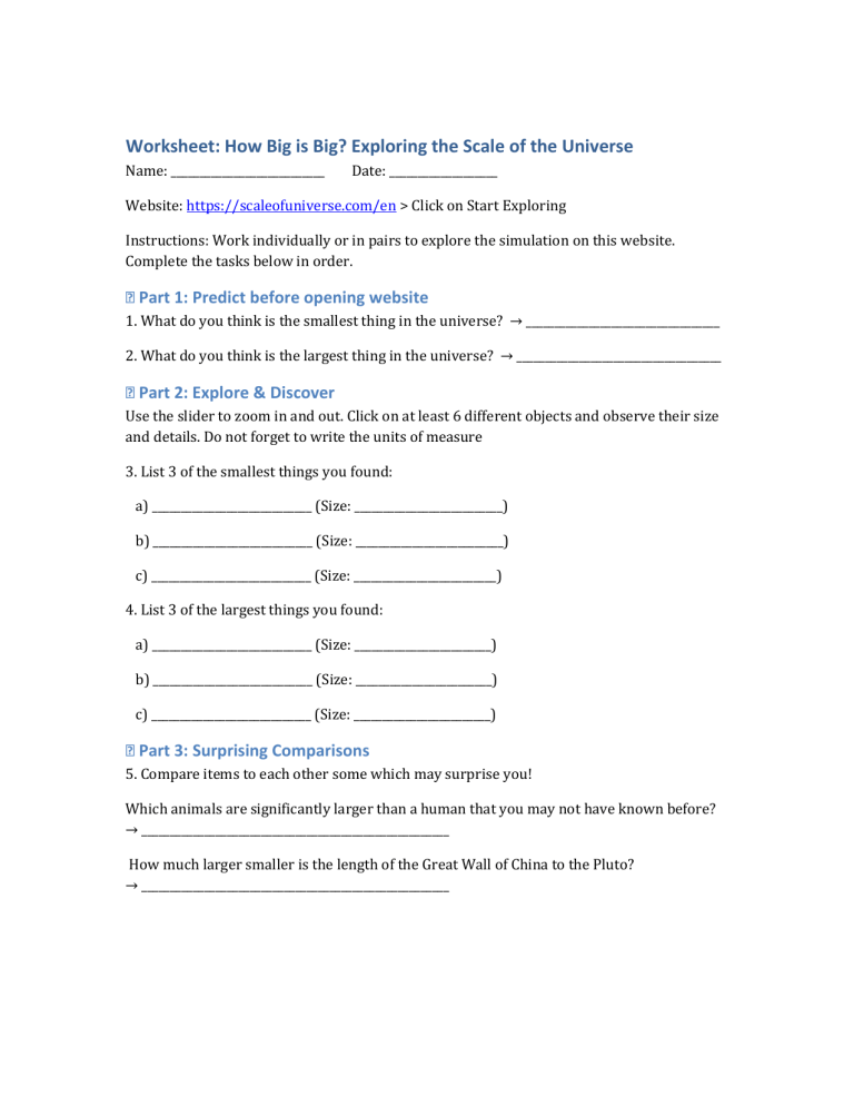 Scale of the Universe Worksheet: Exploring Cosmic & Microscopic Sizes