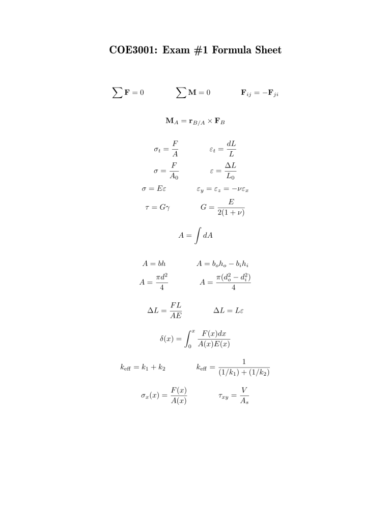 COE3001 Exam #1 Formula Sheet - Mechanics of Materials