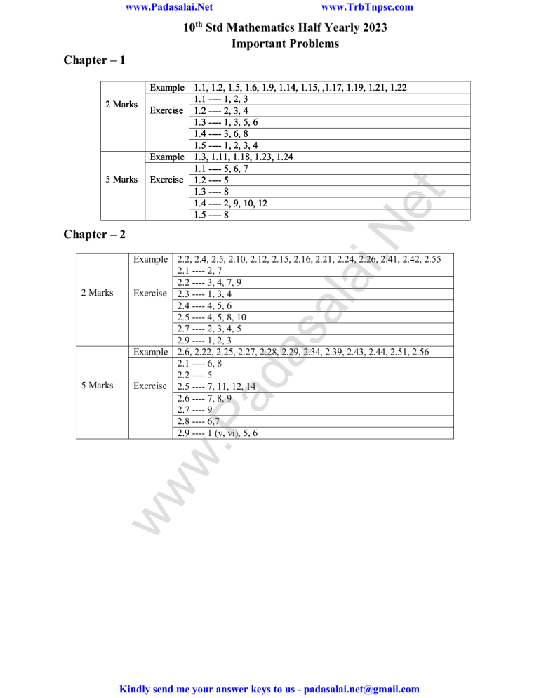 10th Grade Math Half Yearly Exam Important Problems