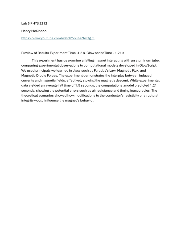 Falling Magnet & Aluminum Tube: Lab Report Analysis