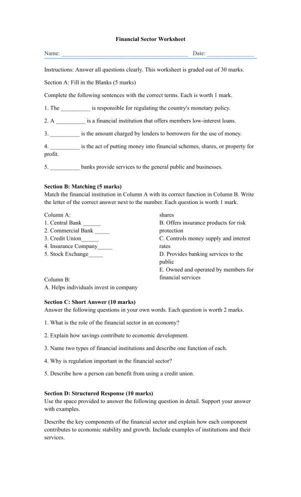 Financial Sector Worksheet: Banking & Economics