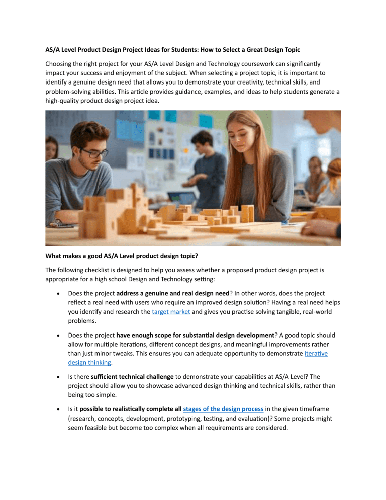 AS/A Level Product Design Project Ideas & Topic Selection