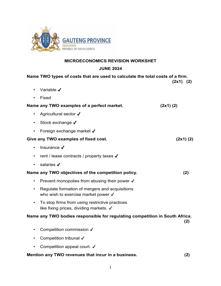 Microeconomics Revision Worksheet - June 2024