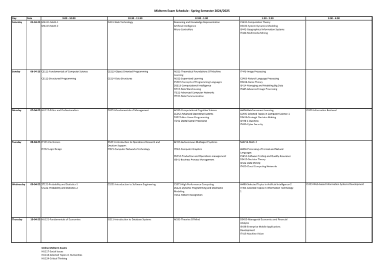 Midterm Exam Schedule - Spring 2024/2025