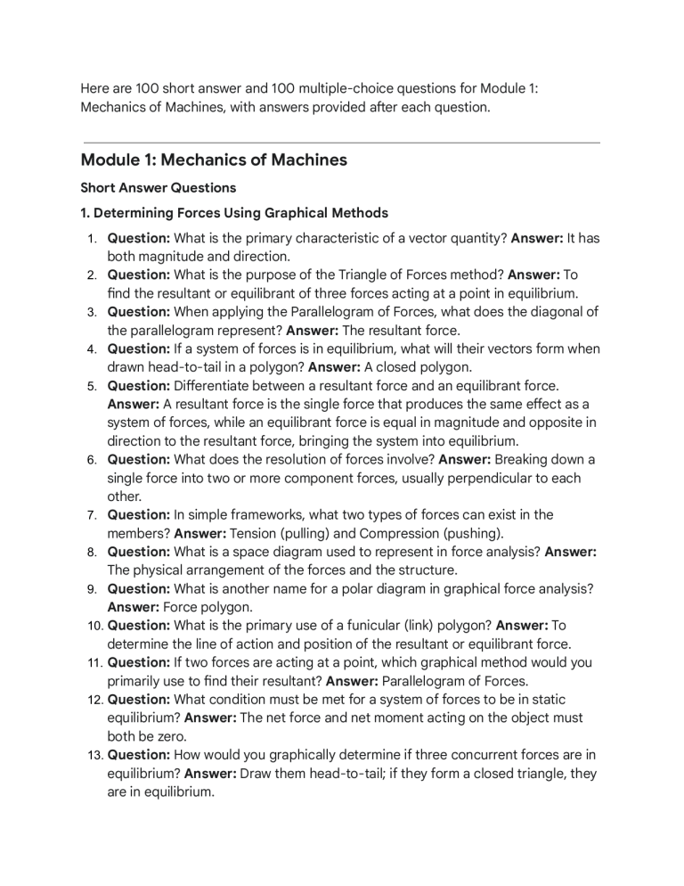 Mechanics of Machines: Module 1 Exam Questions
